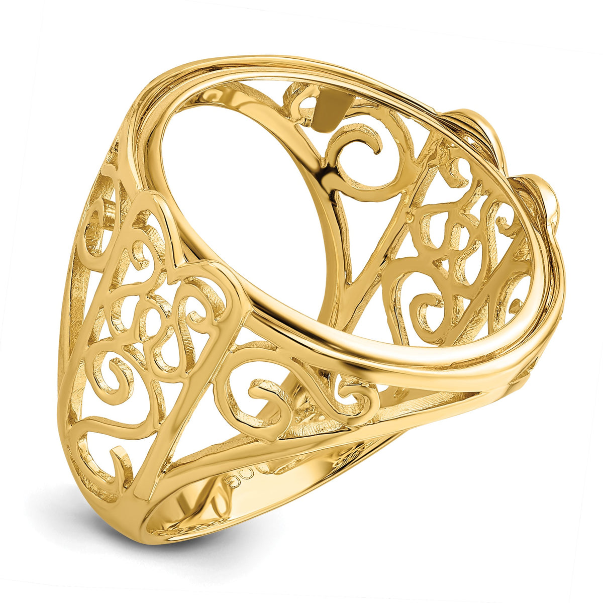 21.6 mm Coin Bezel Ring Prong Set Polished Curled Filigree in – Gold ...
